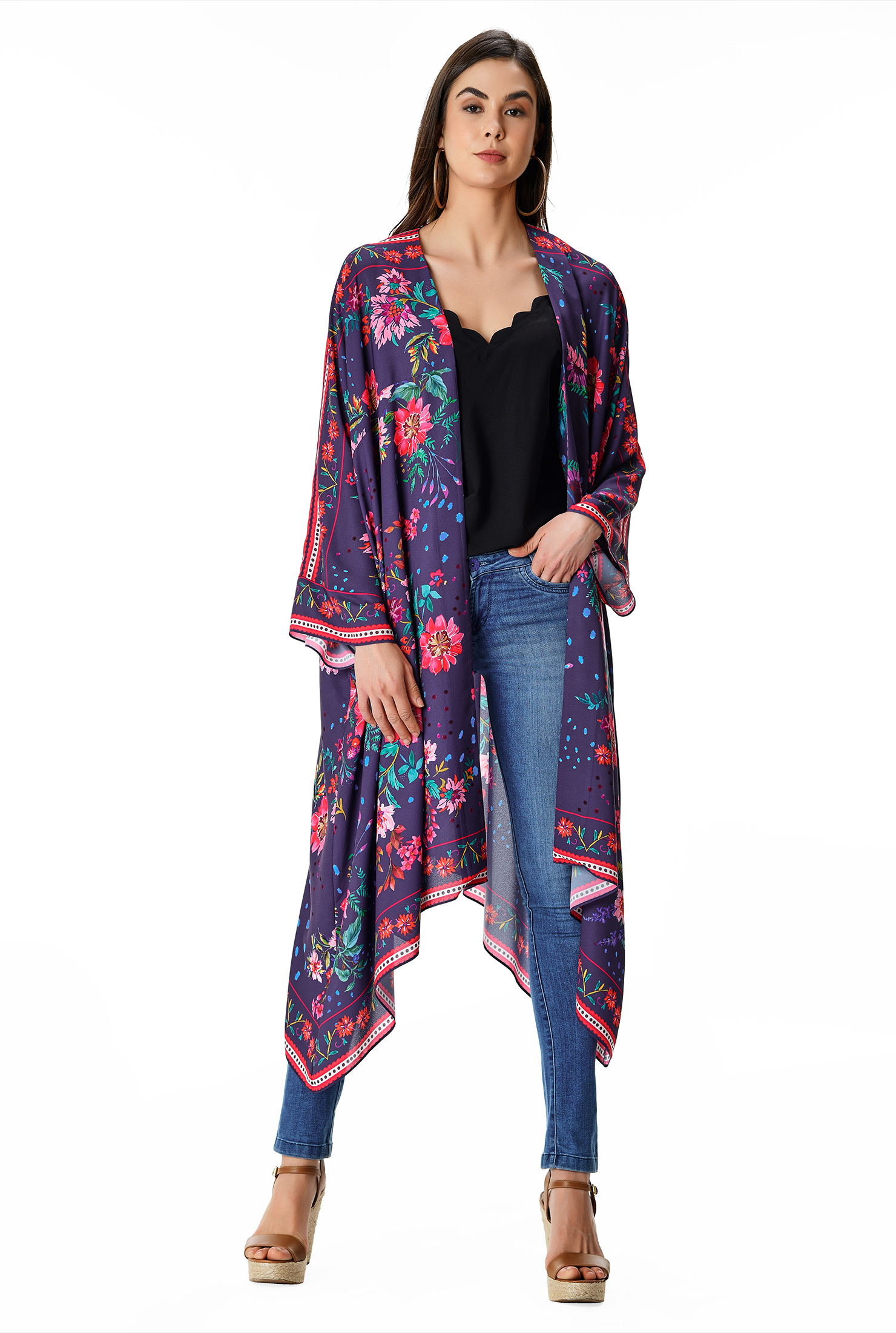 Shop Floral print crepe high-low duster | eShakti