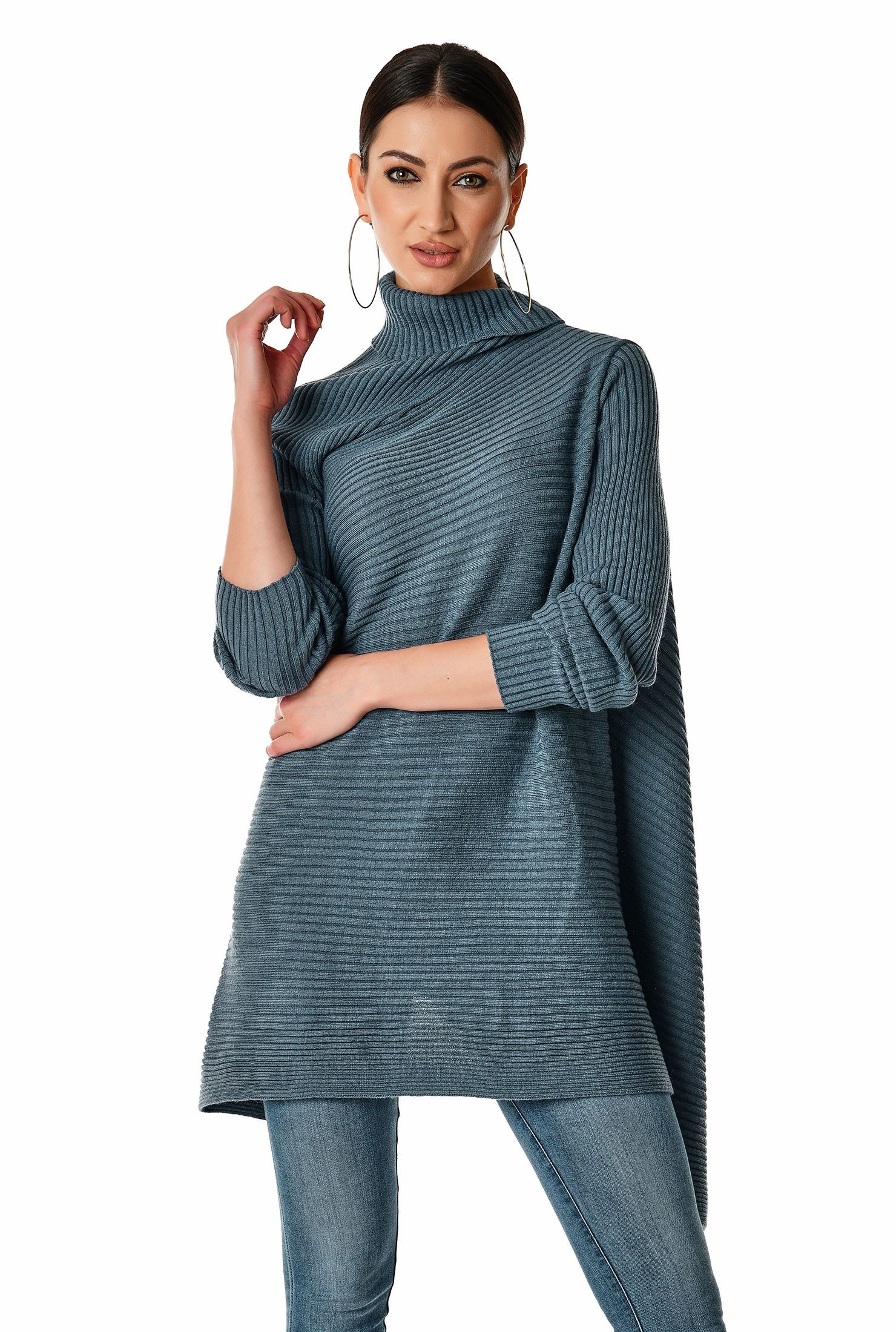 Shop Asymmetric hem merino wool blend rib-knit sweater | eShakti