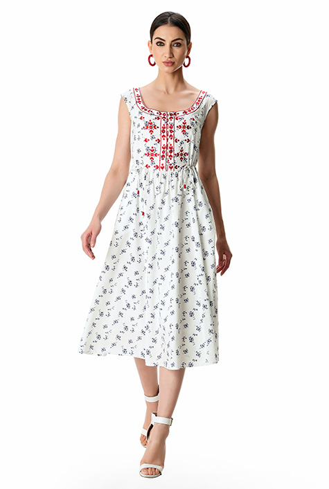 Shop Graphic embroidery floral print cotton drawstring dress | eShakti