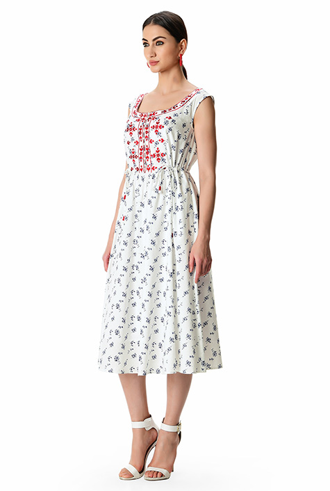 Shop Graphic embroidery floral print cotton drawstring dress | eShakti