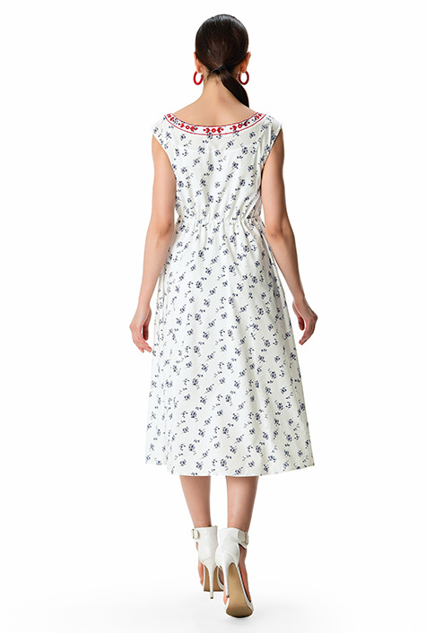 Shop Graphic embroidery floral print cotton drawstring dress | eShakti