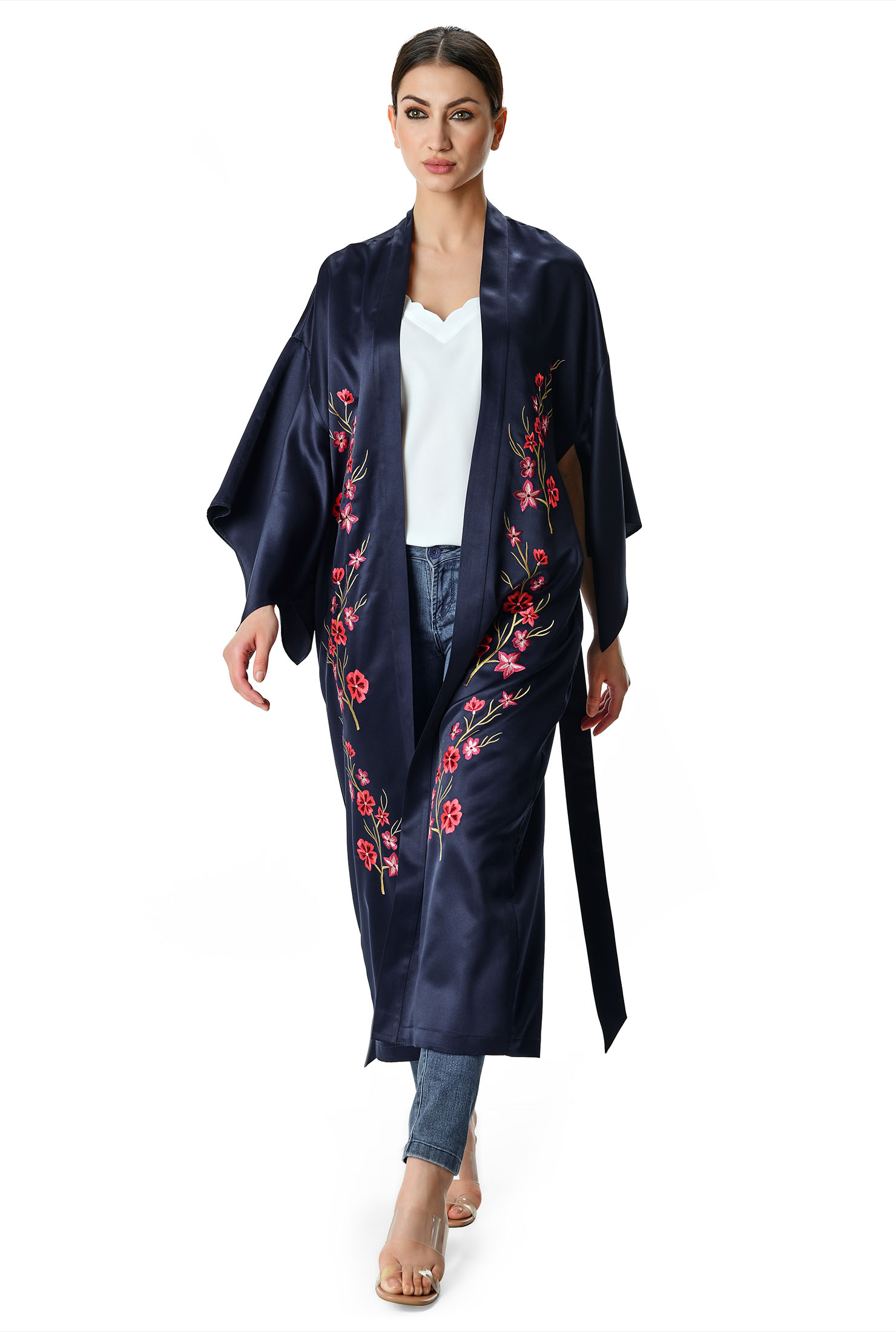 Shop Floral vine embroidery satin robe with inner slip | eShakti