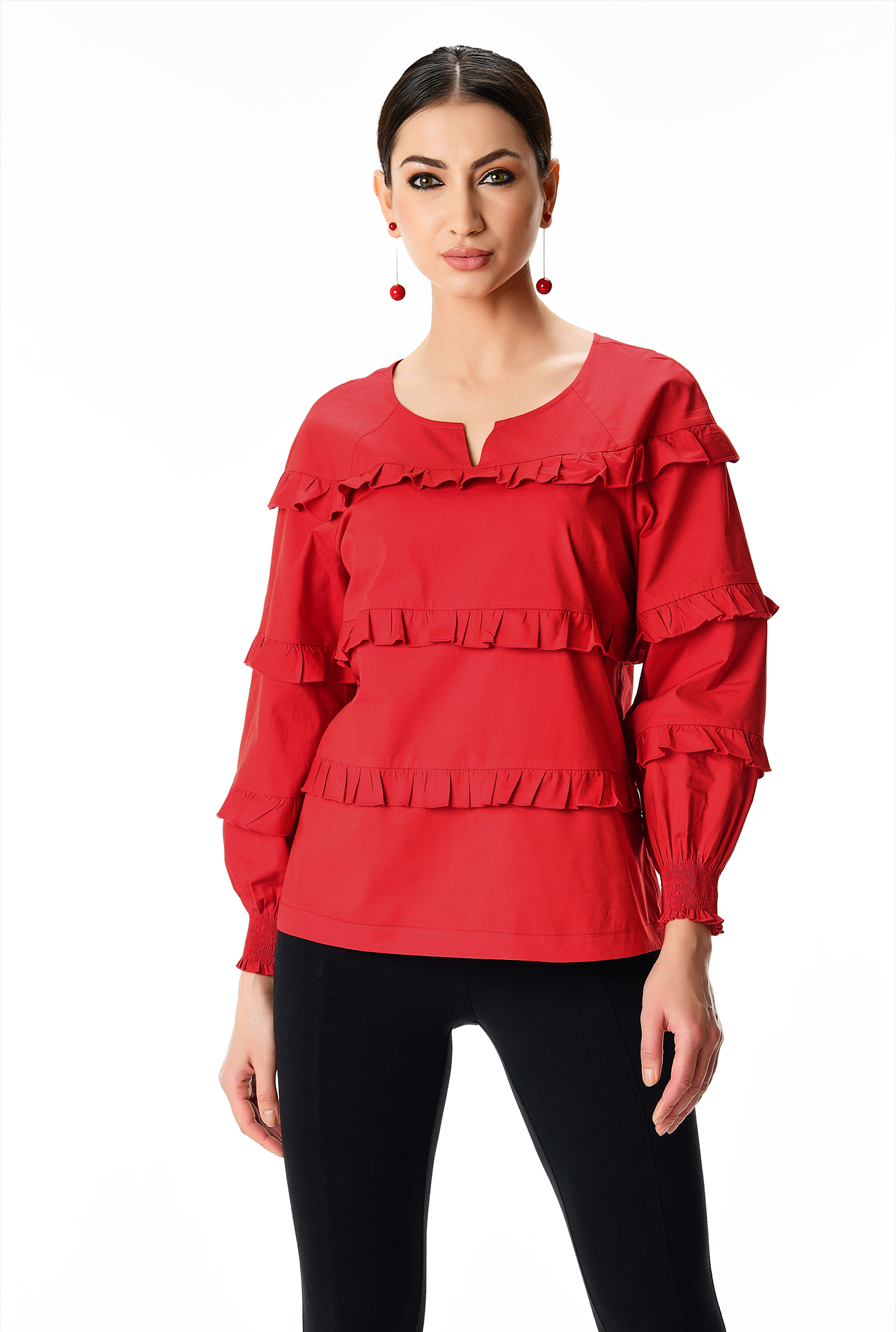 Shop Ruffle frill trim cotton poplin top | eShakti