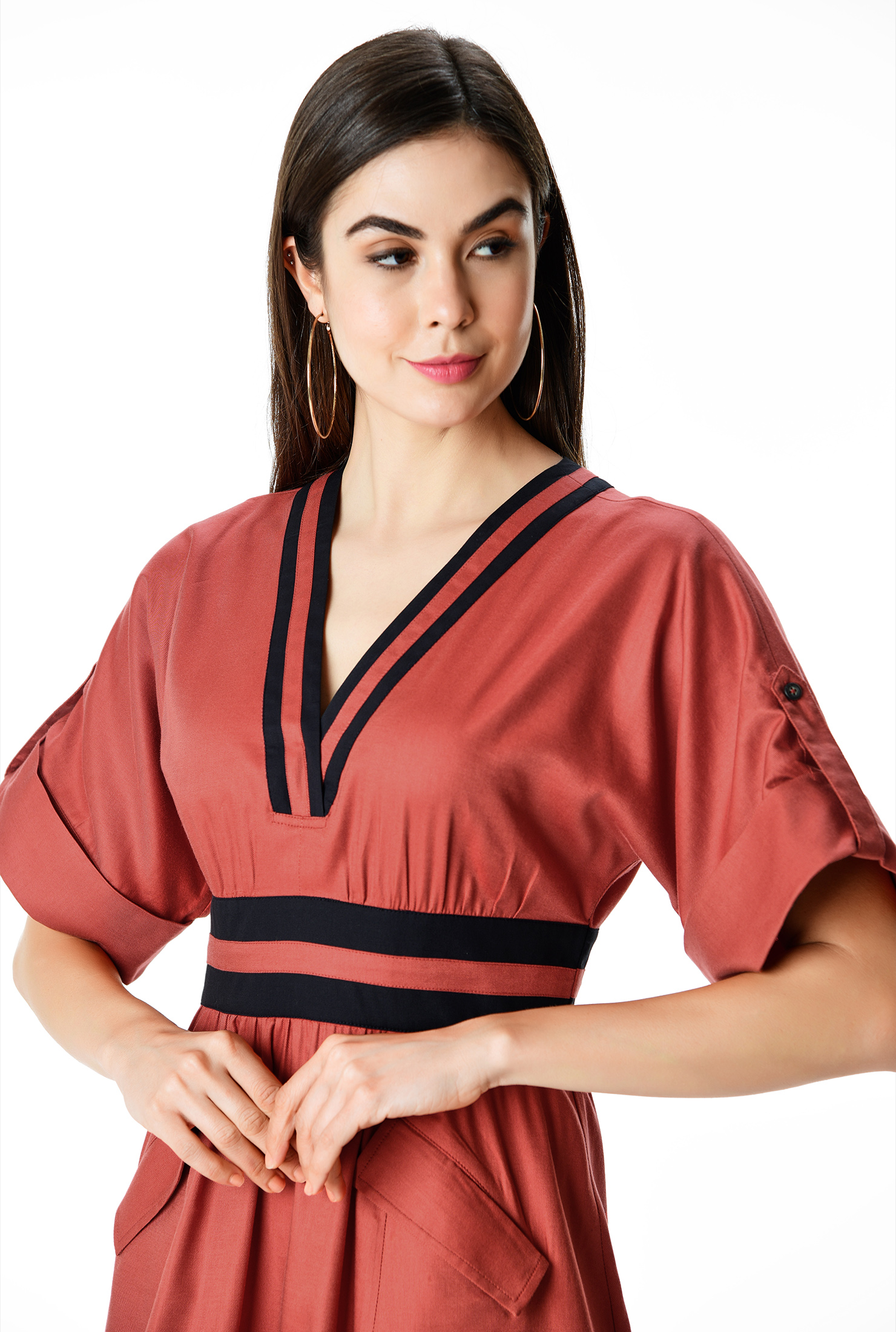 Shop Contrast trim fine twill tencel dress | eShakti