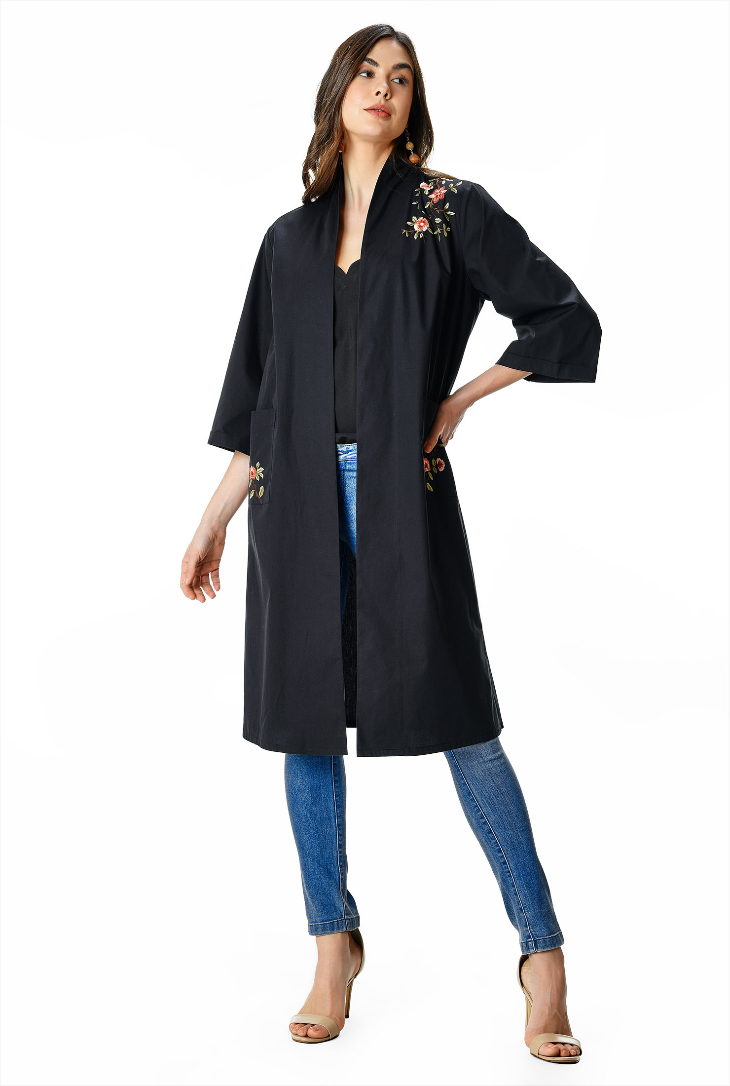 Shop Bird and floral embroidery cotton poplin duster | eShakti