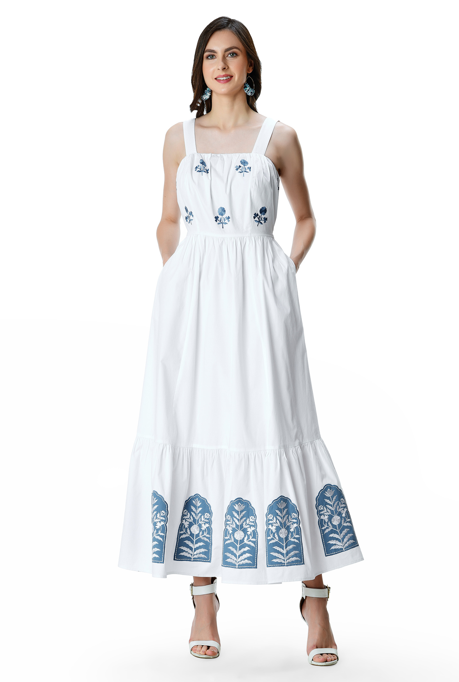 Shop Floral applique embroidery cotton poplin maxi sundress | eShakti