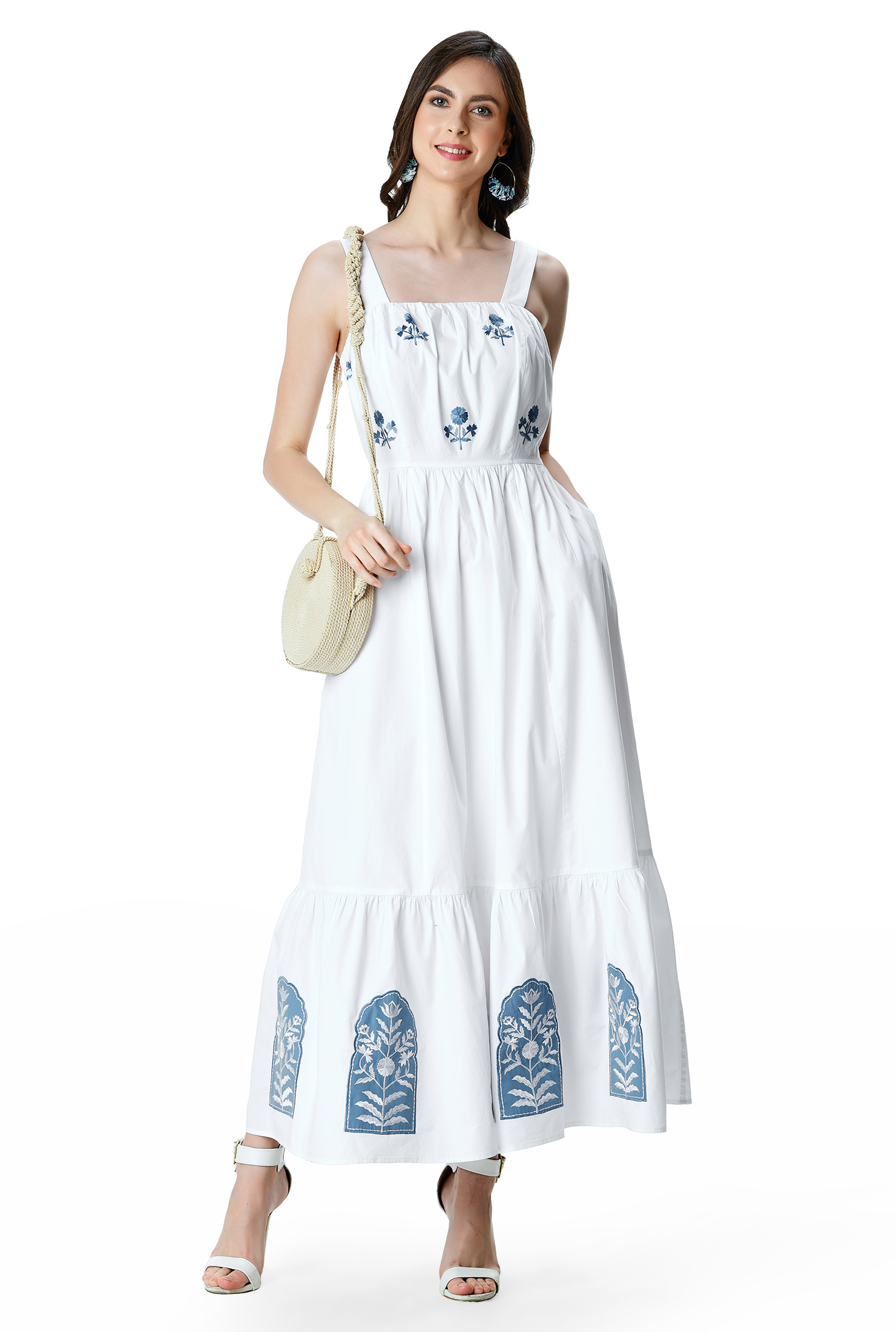 Shop Floral applique embroidery cotton poplin maxi sundress | eShakti
