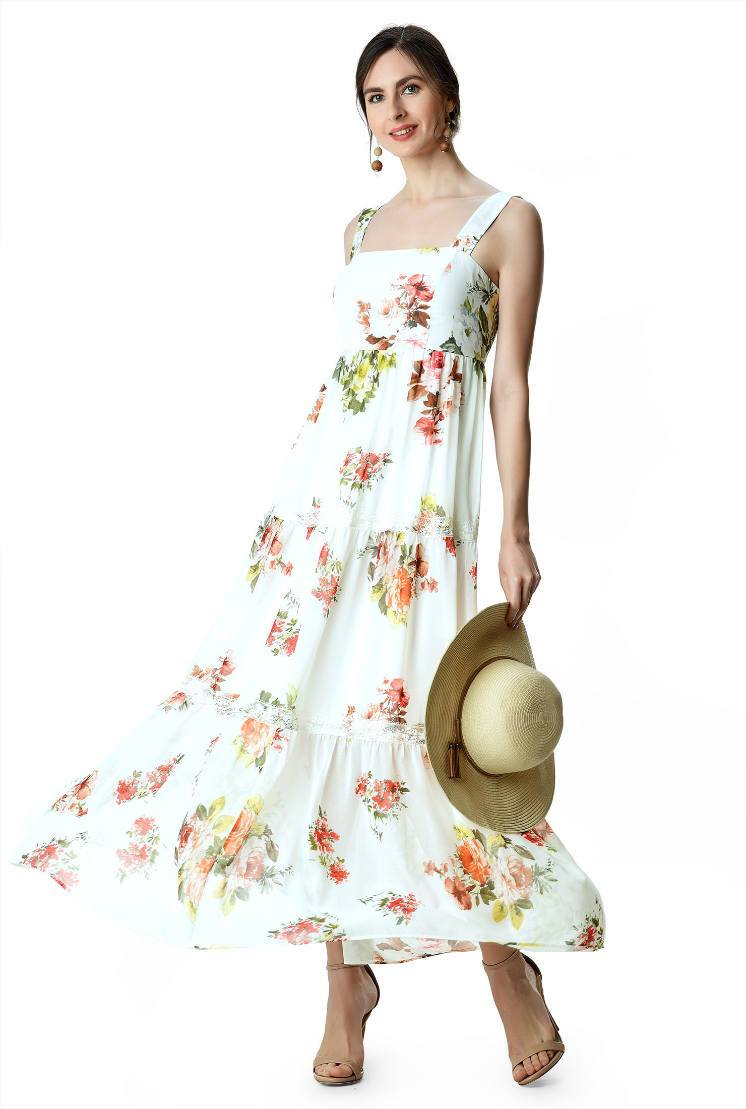 Shop Lace trim floral print georgette tiered sundress | eShakti