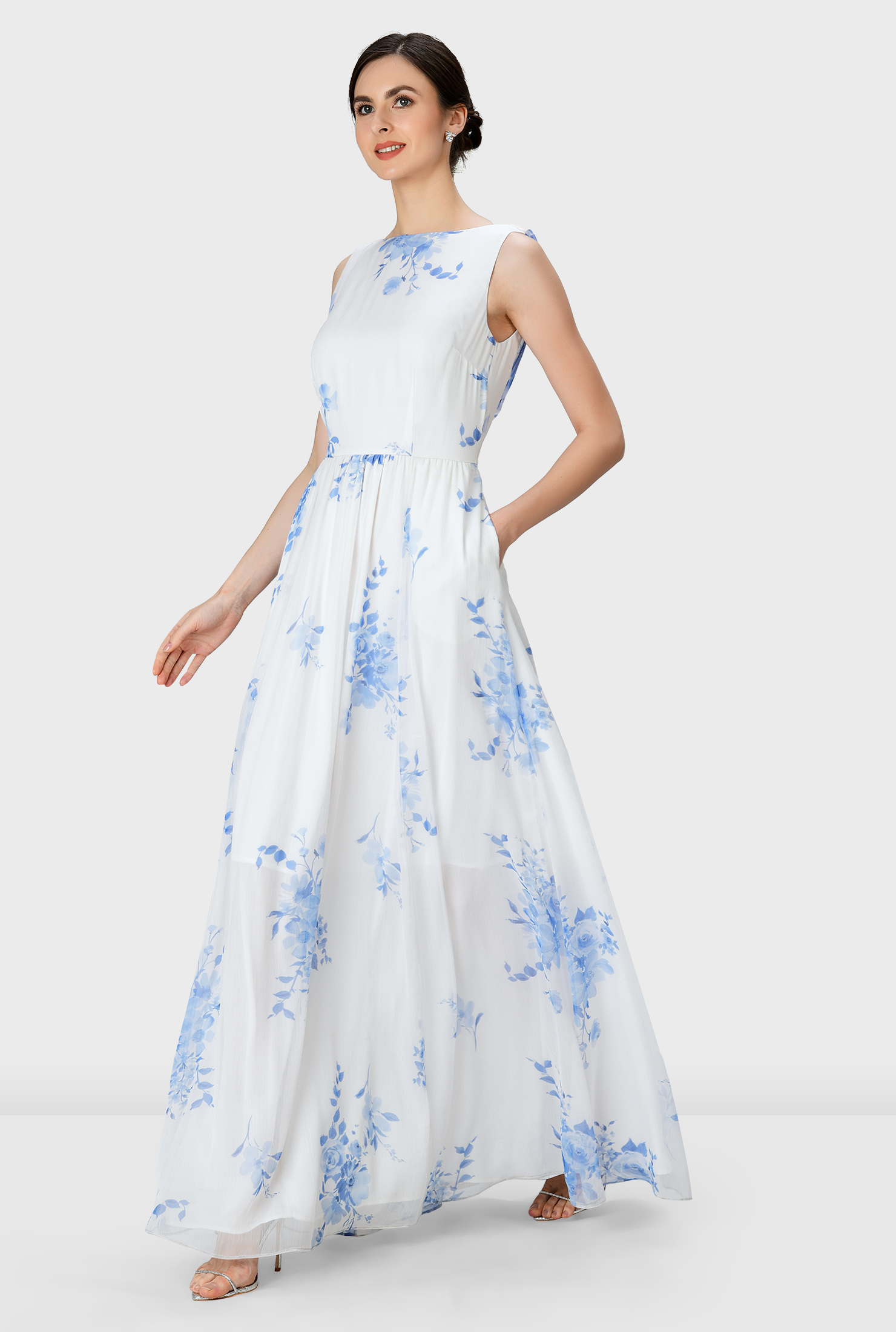 Shop Capelet back floral print chiffon dress | eShakti