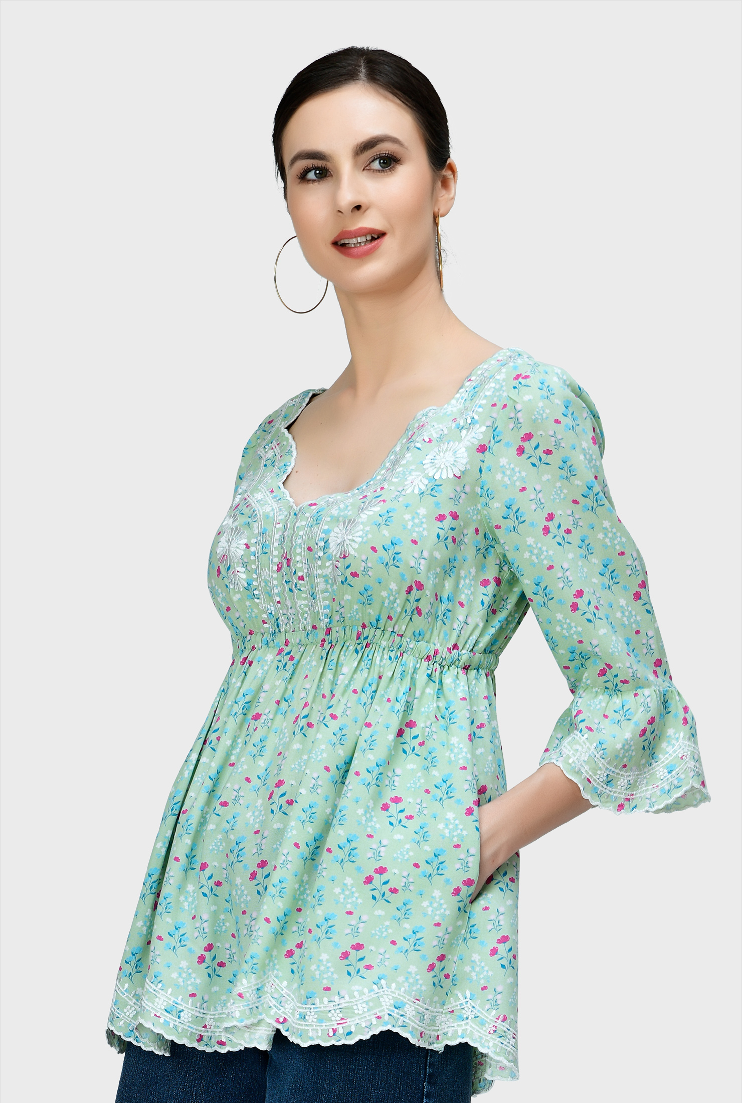 Shop Floral scallop embroidery floral print empire peplum top | eShakti