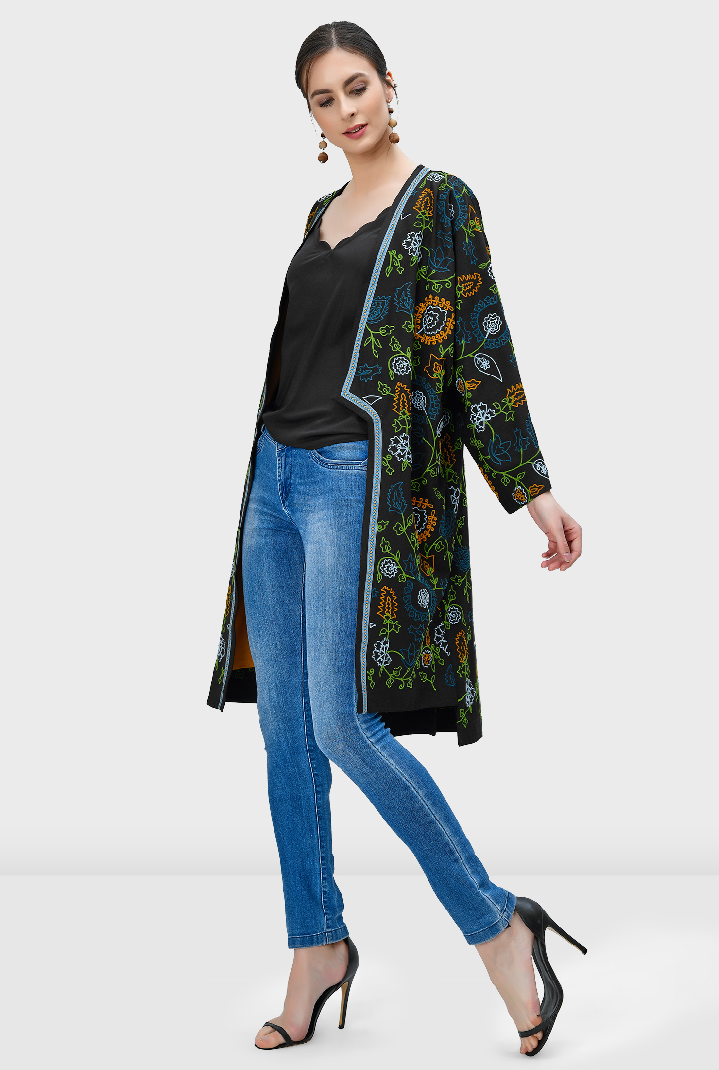 Shop Asymmetric open front floral vine embroidery crepe duster | eShakti