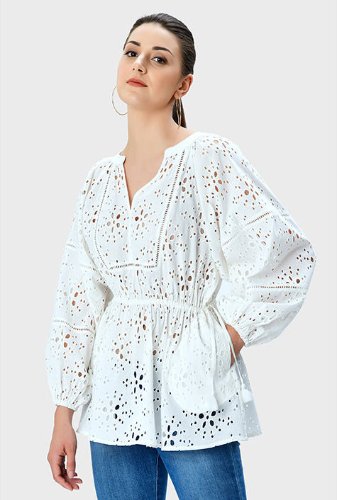 Shop Floral eyelet cotton drawstring waist top | eShakti