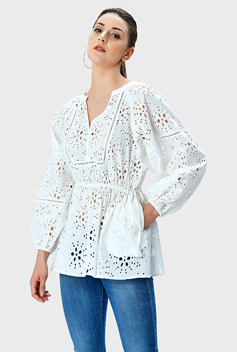 Shop Floral eyelet cotton drawstring waist top | eShakti