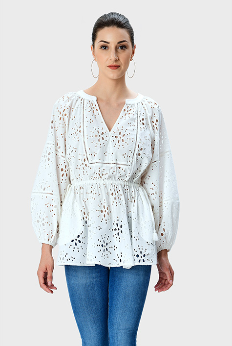 Shop Floral eyelet cotton drawstring waist top | eShakti