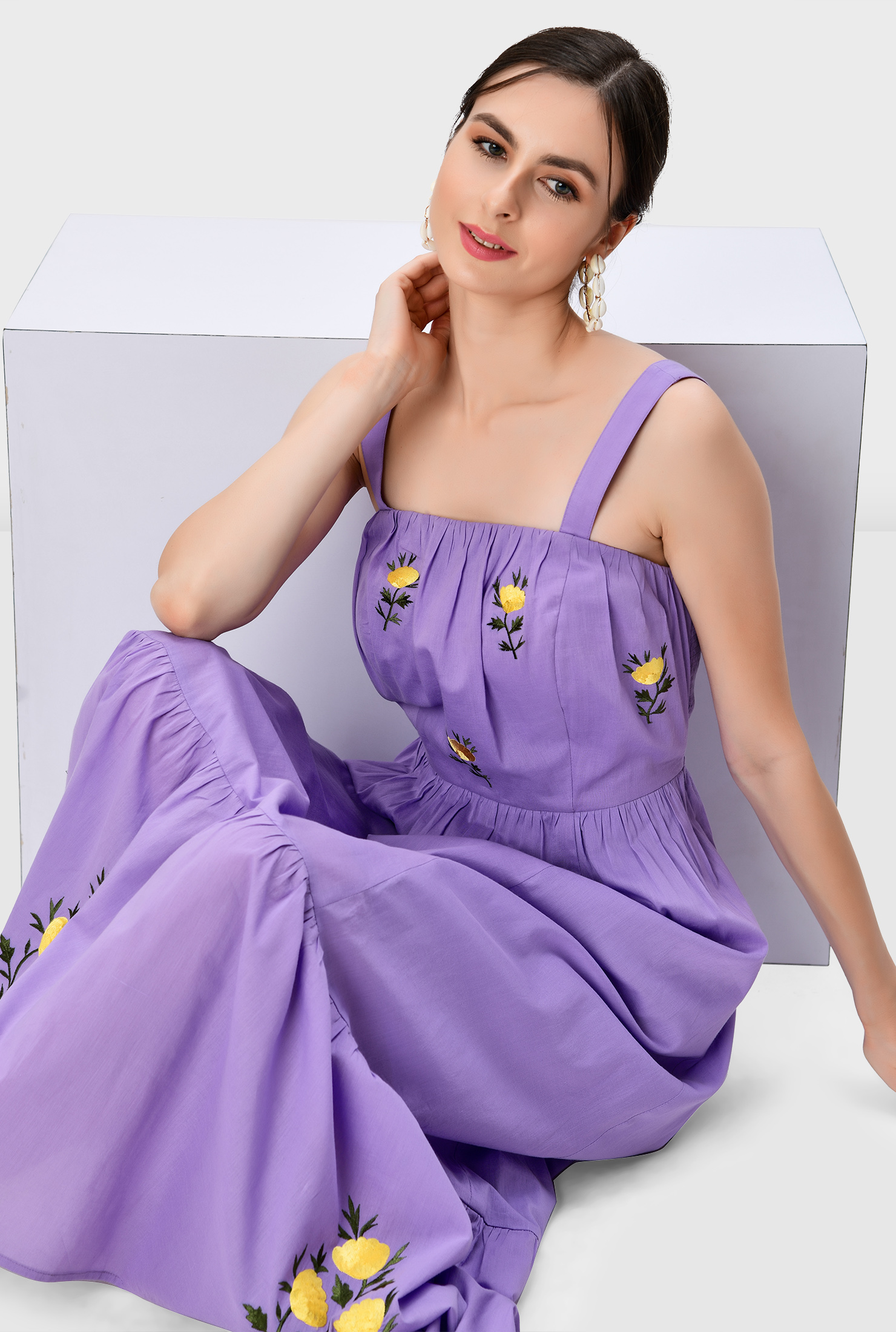 Shop Floral embroidery cotton voile maxi sundress | eShakti