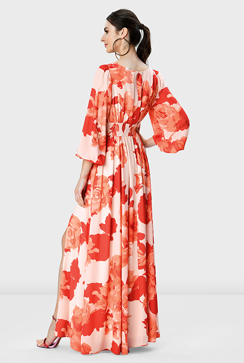 Shop Vented rose print crepe maxi dress | eShakti