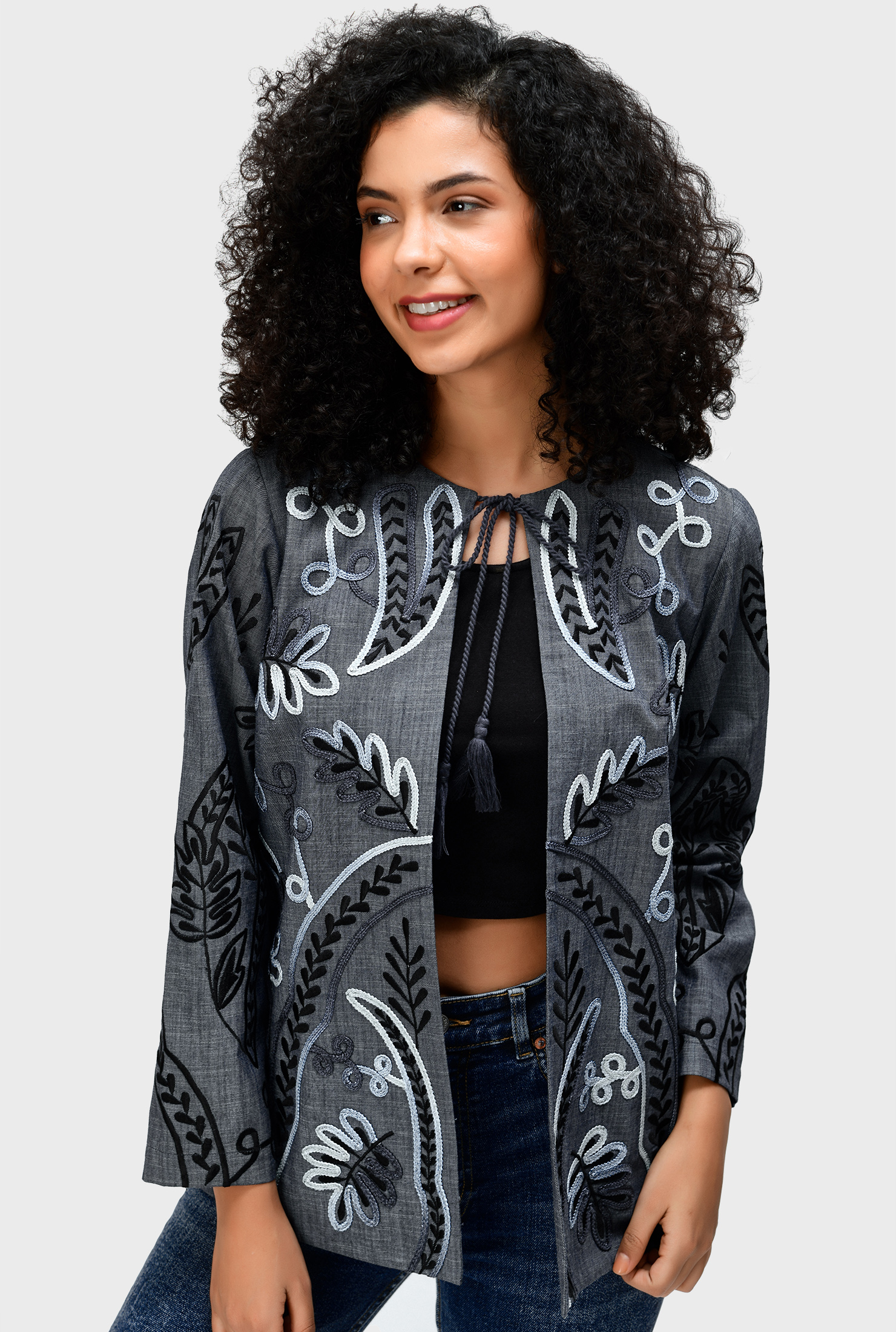 Shop Leafy vine embroidery cotton chambray duster | eShakti