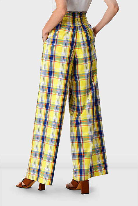 Shop Smocked waist cotton check palazzo pants | eShakti