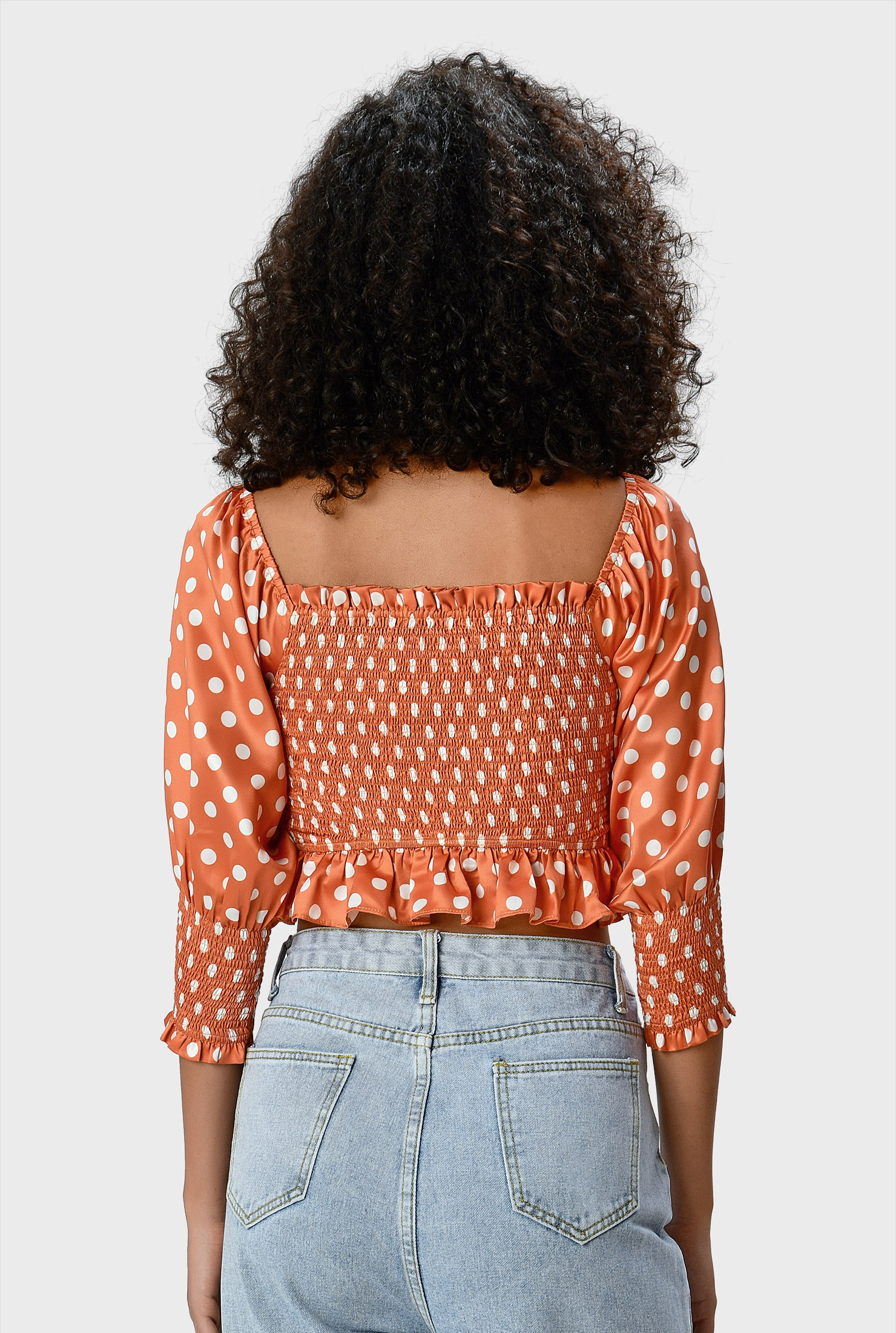 Shop Polka Dot Print Matte Satin Smocked Crop Top Eshakti