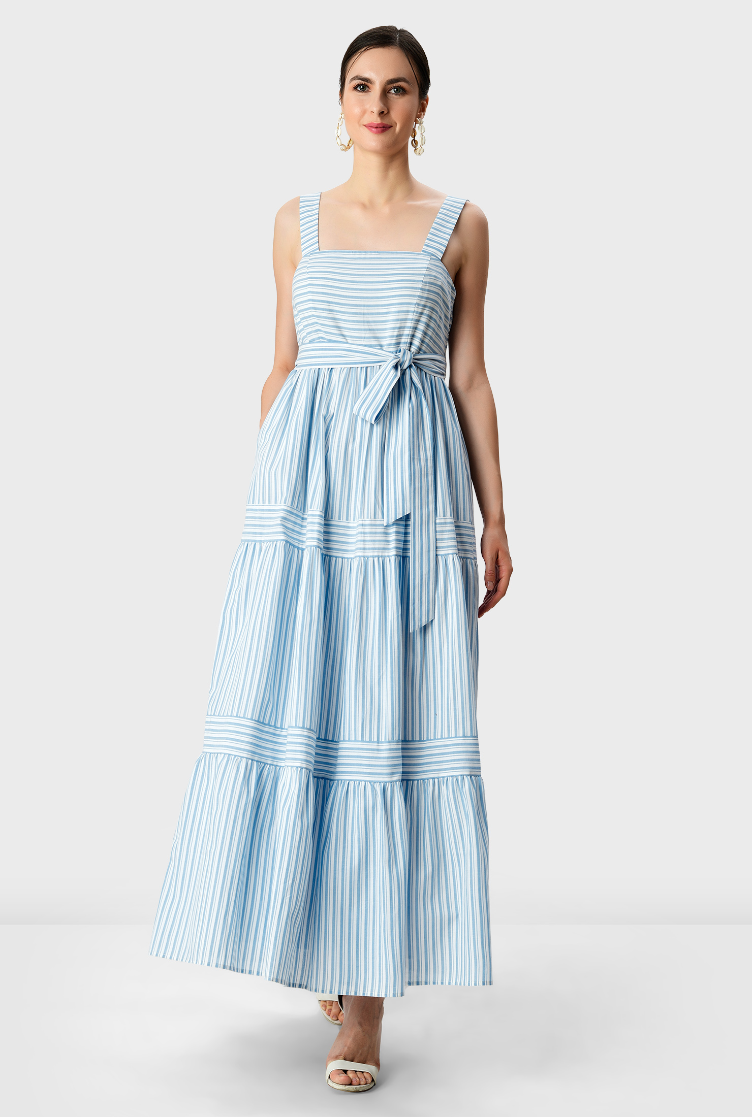 Shop Stripe cotton voile tiered sundress | eShakti