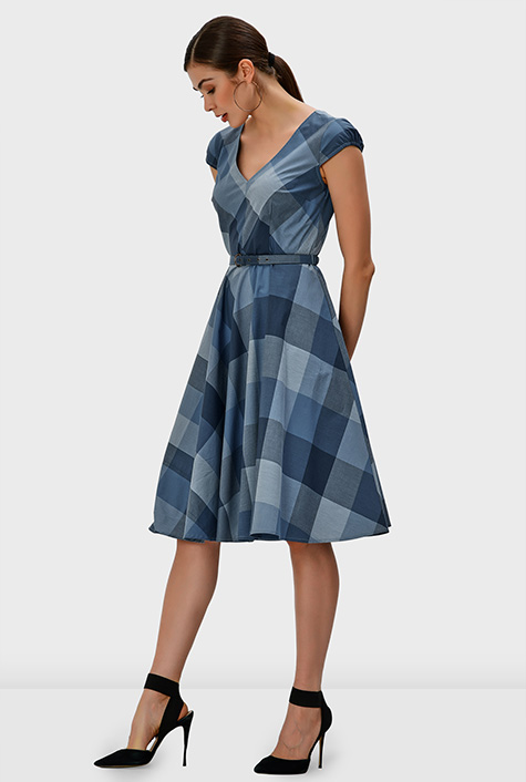 Shop Cotton check belted A-line dress | eShakti
