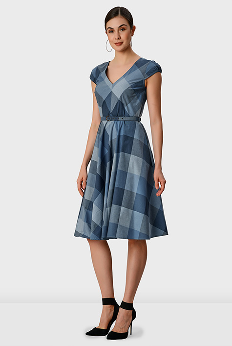 Shop Cotton check belted A-line dress | eShakti