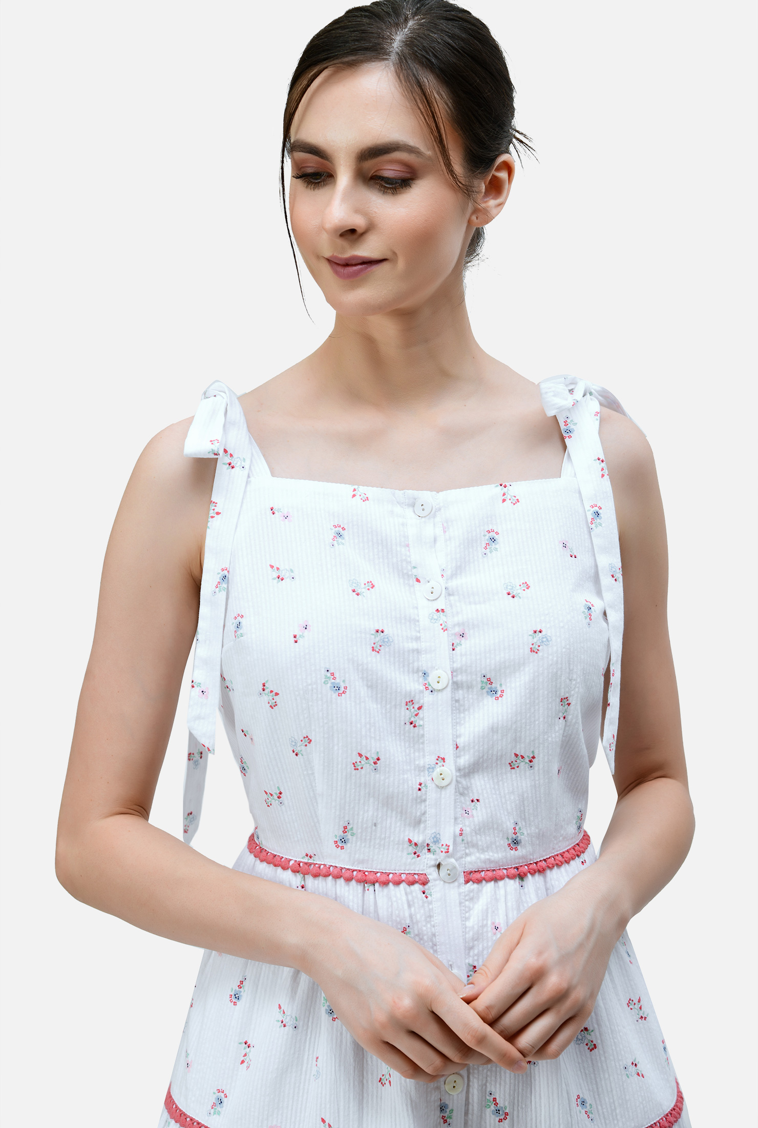 Shop Lace trim self-stripe floral print cotton voile sundress | eShakti