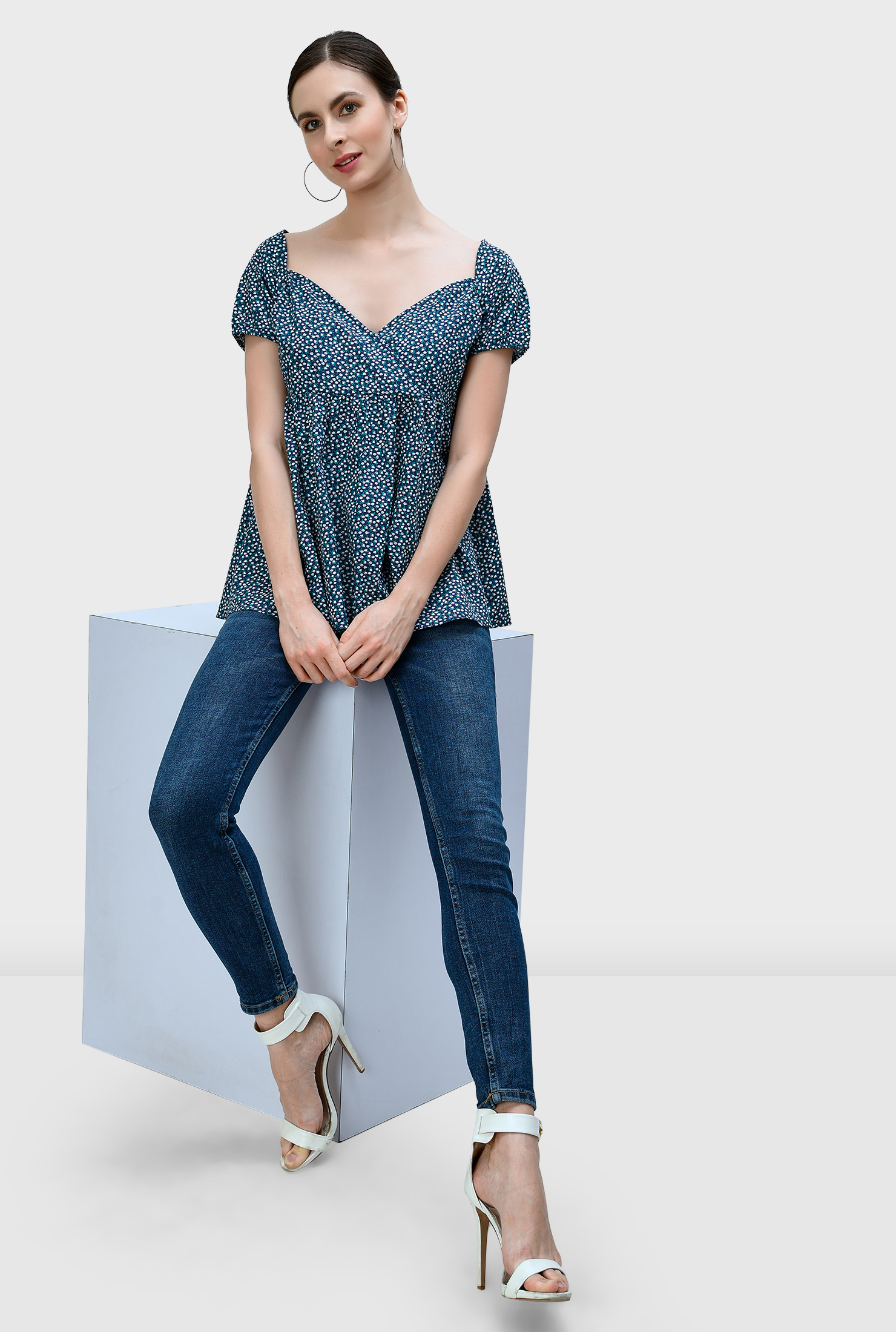 Shop Floral print cotton surplice peplum top | eShakti