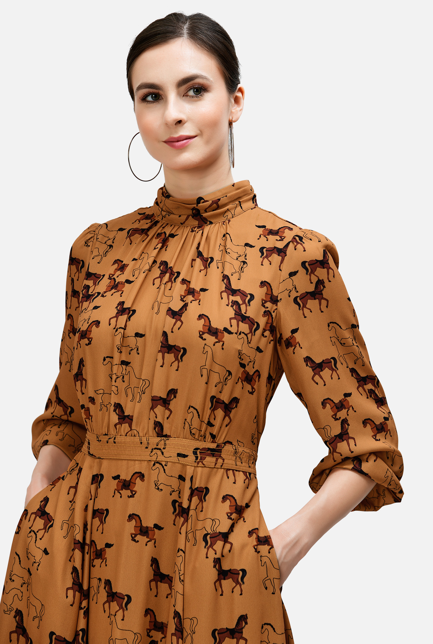 Shop Ruched horse print crepe dress | eShakti