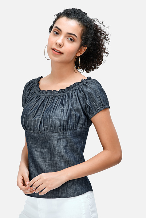 Shop Ruched empire cotton chambray blouse | eShakti