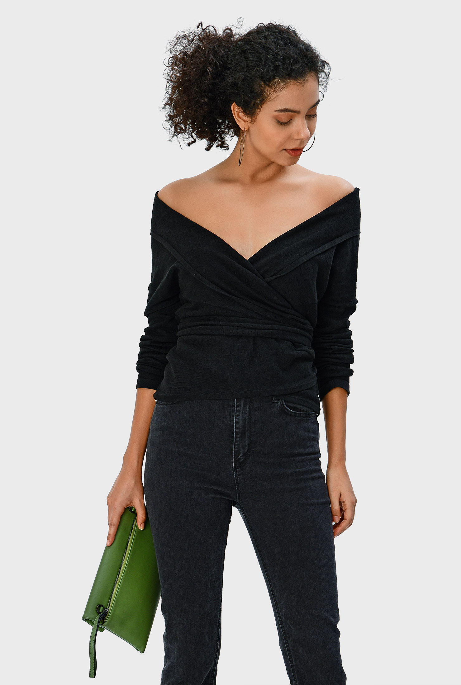 Shop Off-the-shoulder linen cotton knit wrap top | eShakti