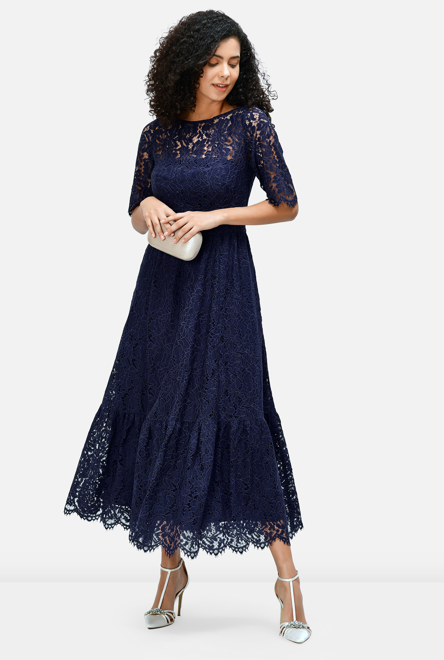 Shop Illusion floral lace ruffle flounce dress | eShakti