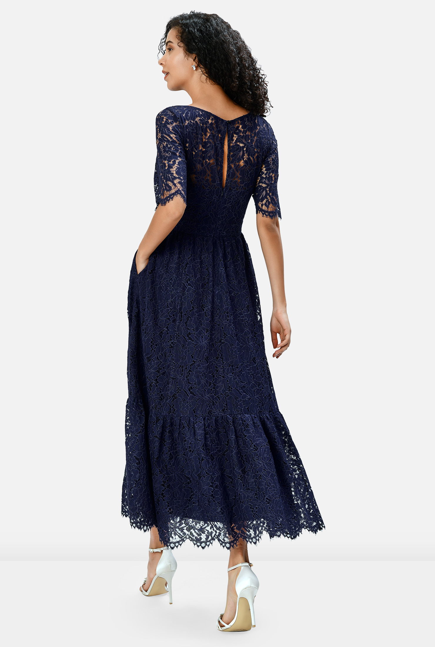 Shop Illusion floral lace ruffle flounce dress | eShakti