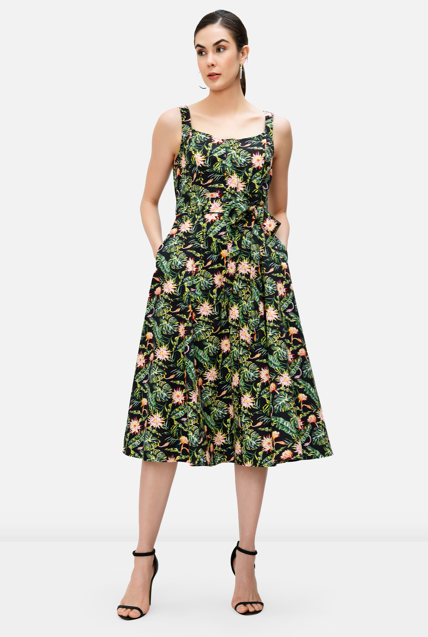 Shop Tropical floral print cotton sash-tie sundress | eShakti