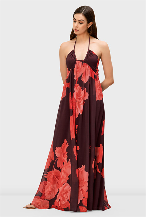 Shop Overblown rose print georgette halter maxi dress | eShakti