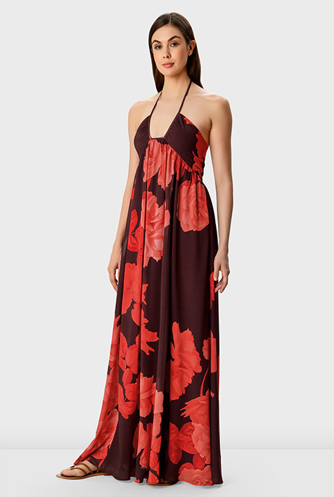 Shop Overblown rose print georgette halter maxi dress | eShakti