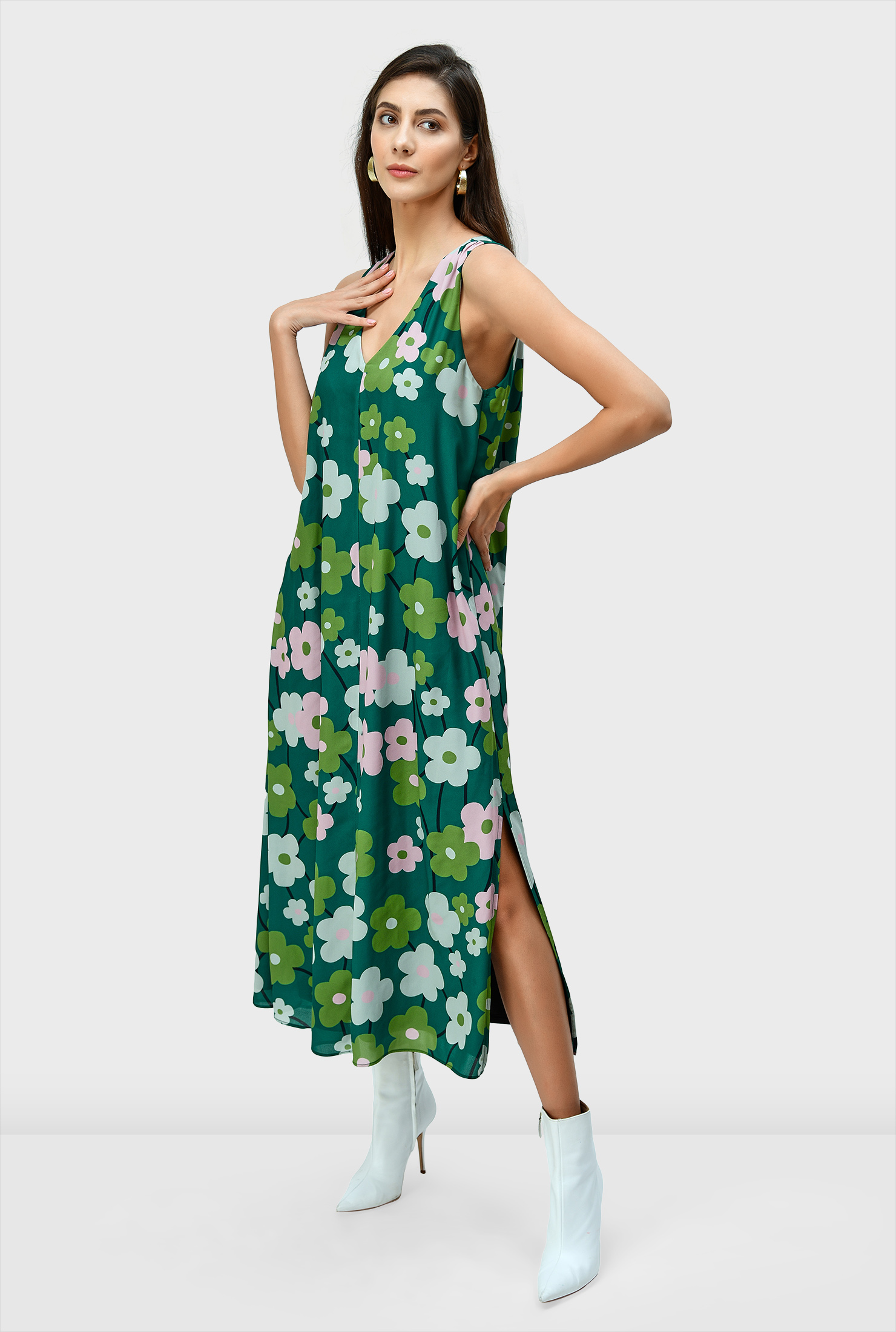 Shop Floral print crepe vented shift dress | eShakti