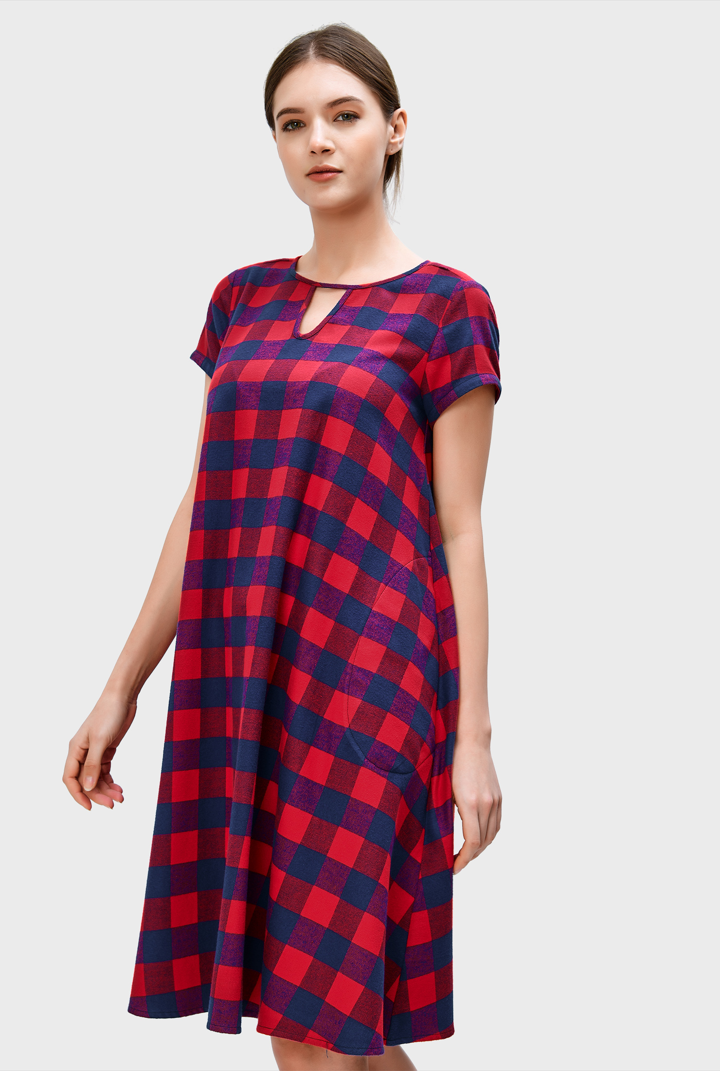 Shop Keyhole front cotton twill check shift dress | eShakti