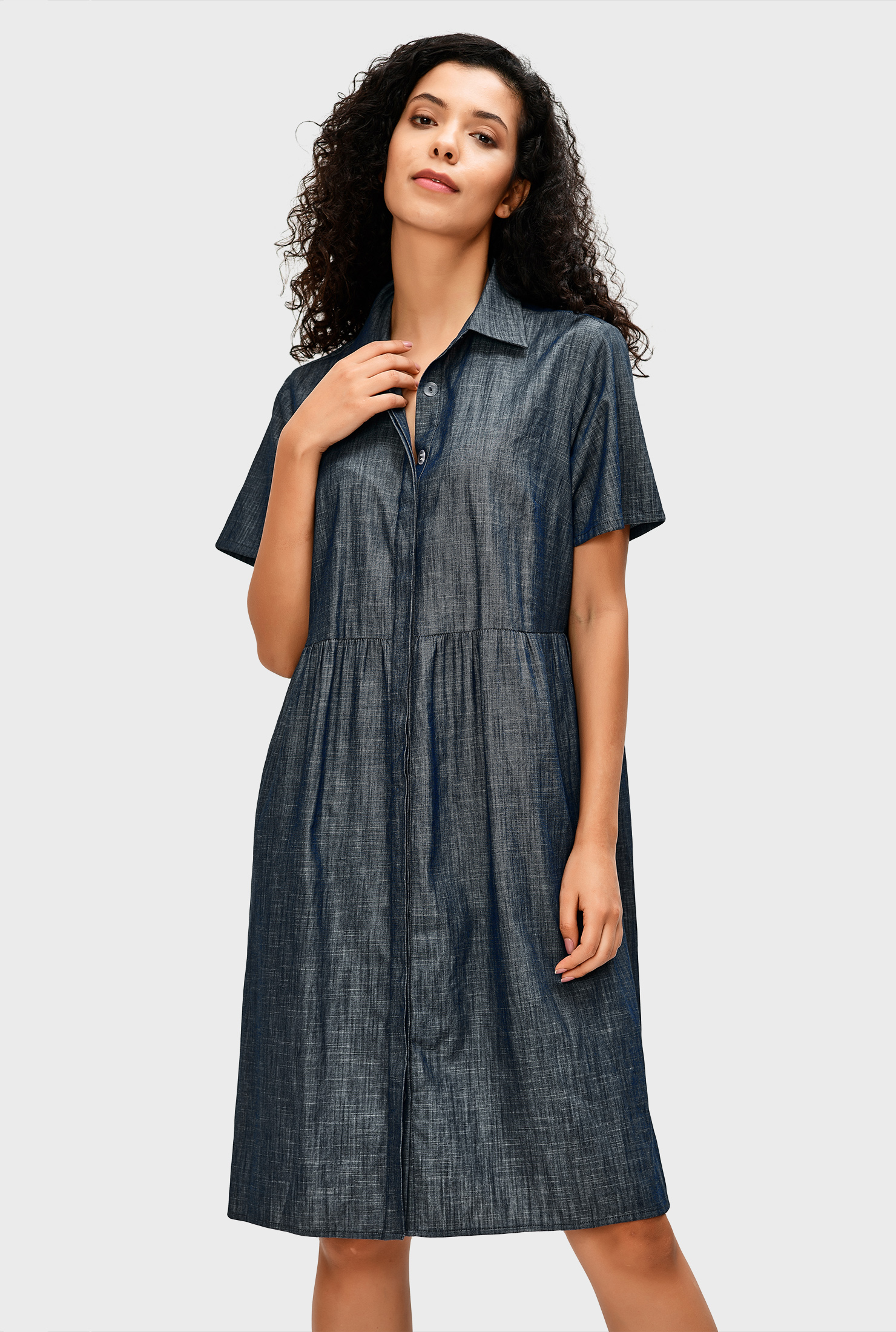 Shop Cotton chambray ruched waist shift shirtdress | eShakti
