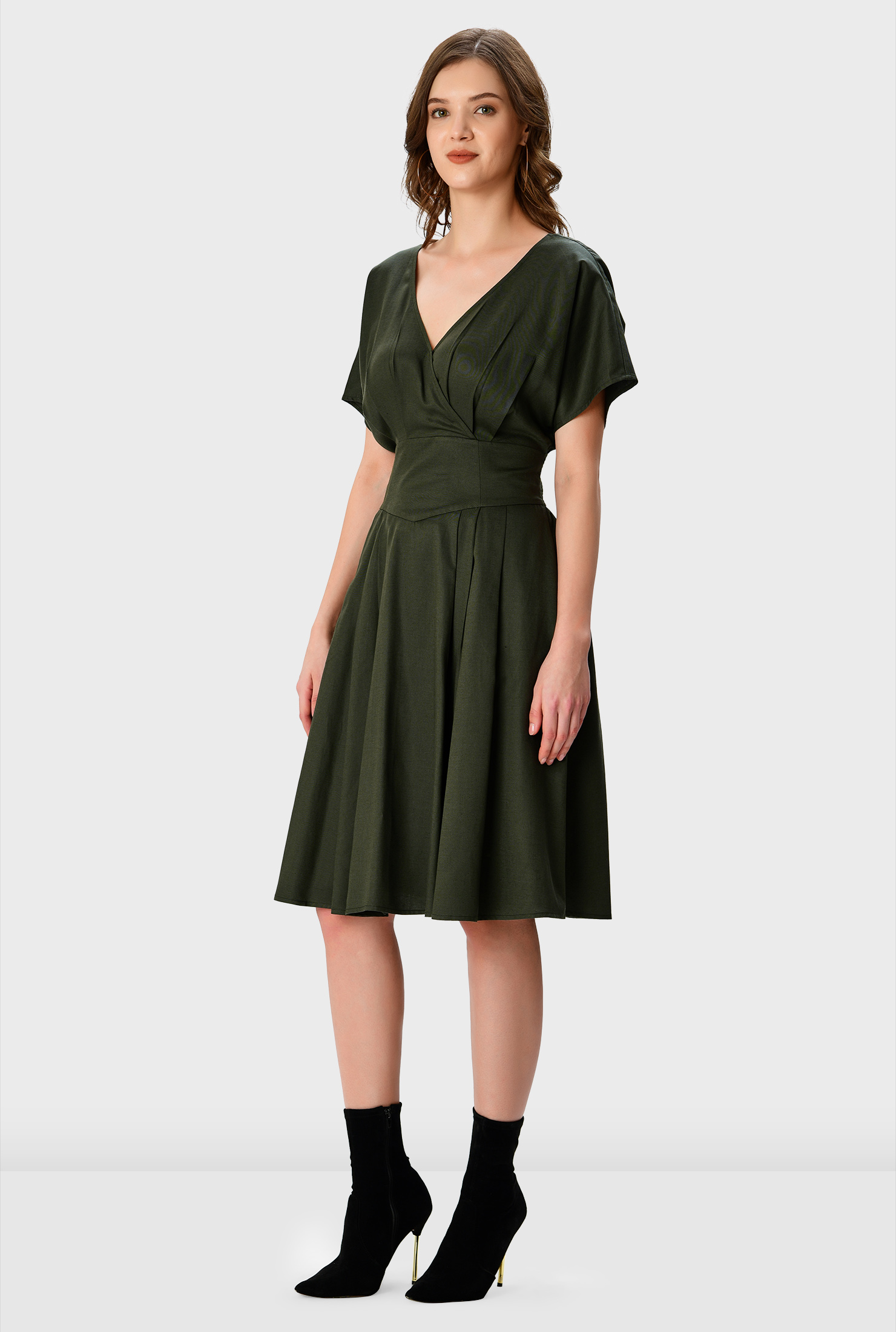 Shop Pleated surplice linen tencel empire dress | eShakti Shop Pleated surplice linen tencel empire dress | eShakti