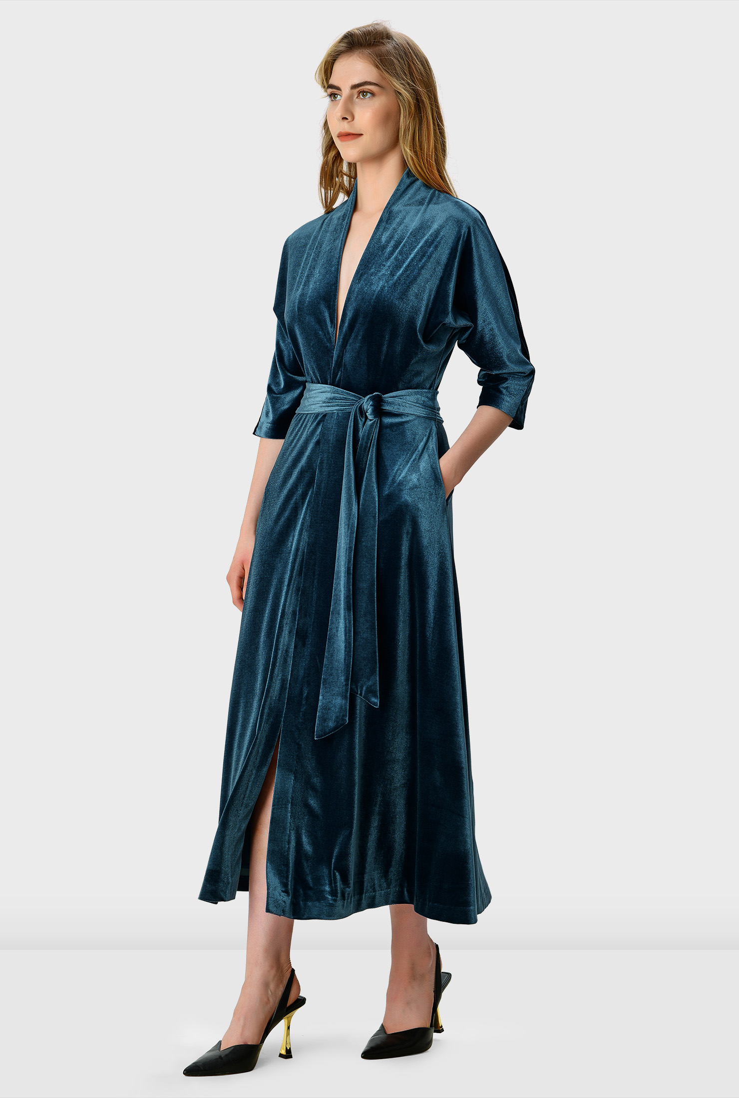 Shop Plunge stretch velvet vented dress | eShakti