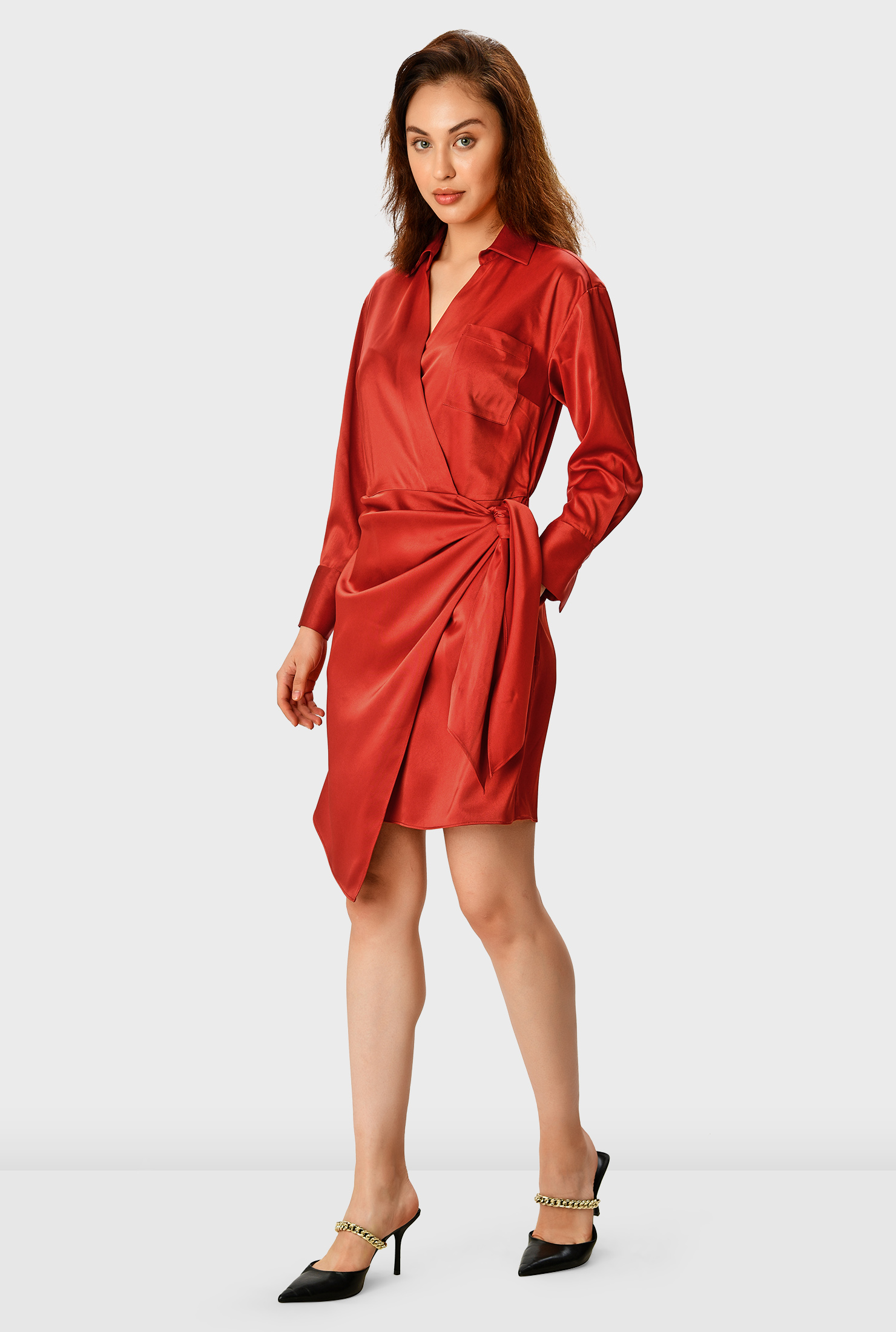 Shop Pleated wrap satin dress | eShakti