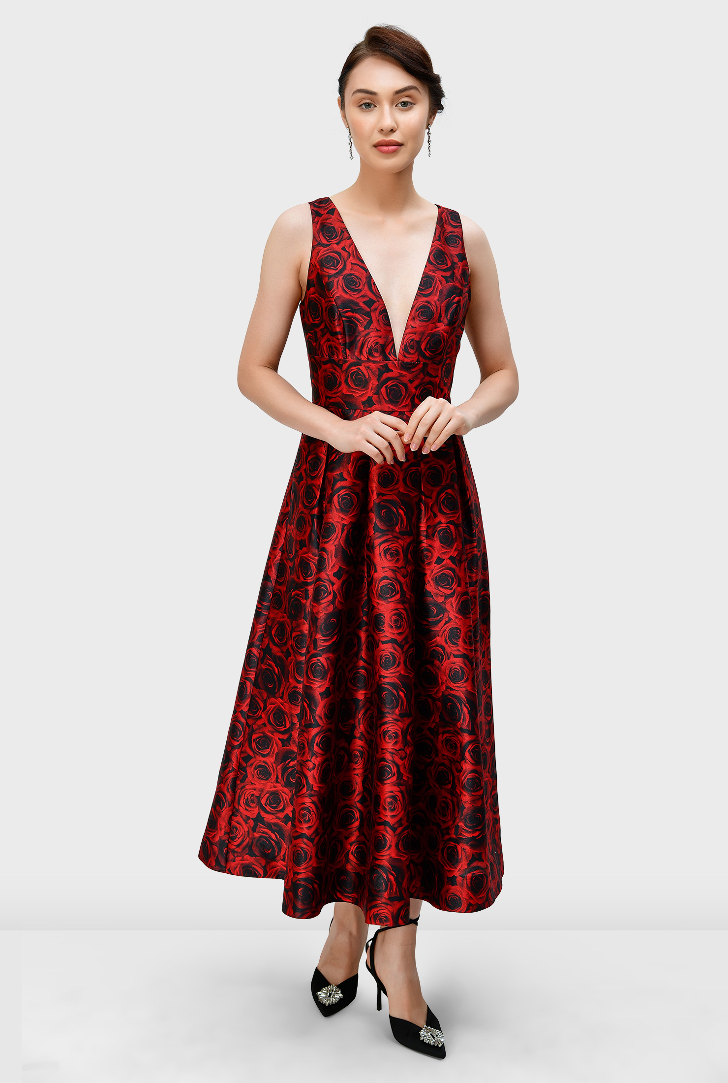 Shop Plunge rose print dupioni dress | eShakti