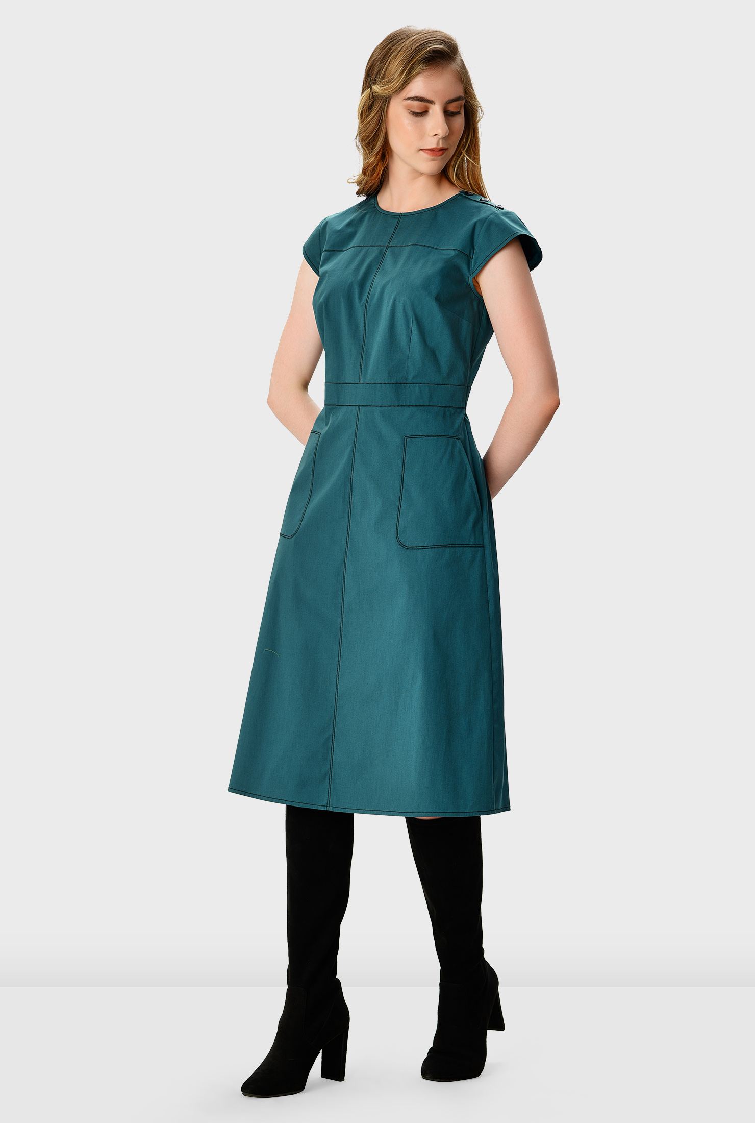 Shop Contrast pick stitch cotton poplin dress | eShakti