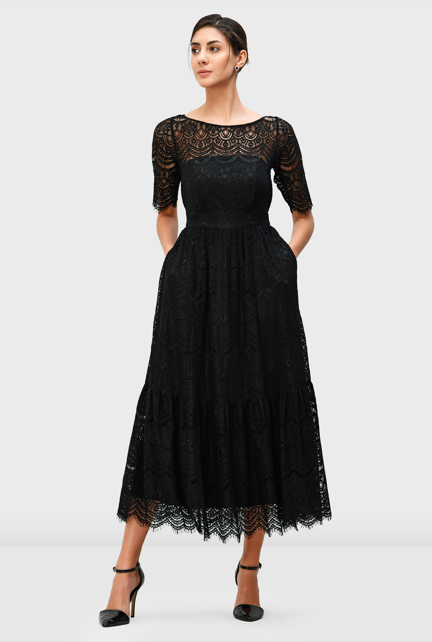 Shop Illusion graphic lace ruffle flounce dress | eShakti