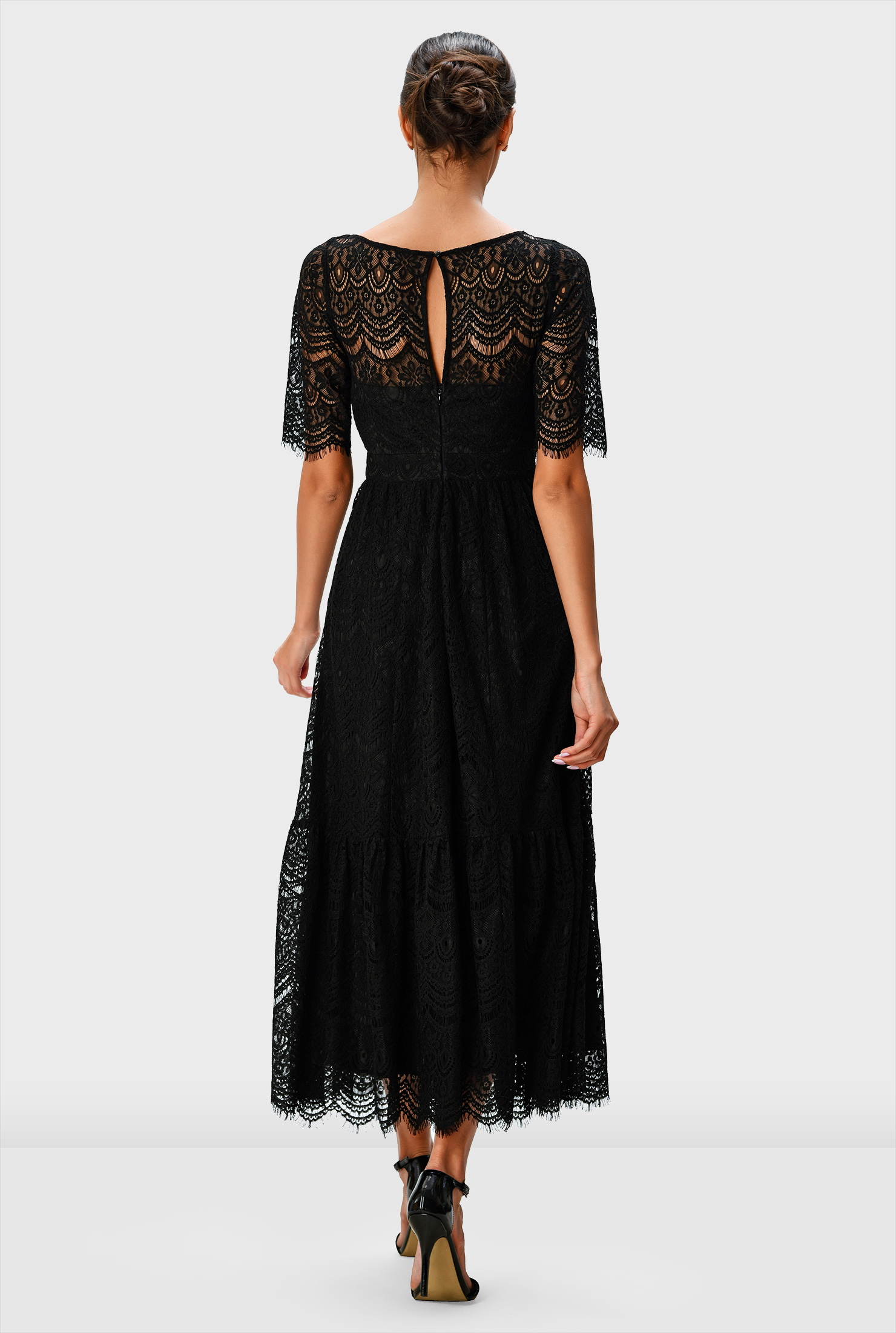 Shop Illusion graphic lace ruffle flounce dress | eShakti