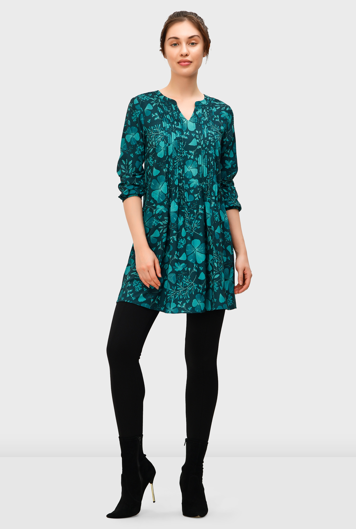 Shop Pintuck pleat floral print crepe tunic | eShakti