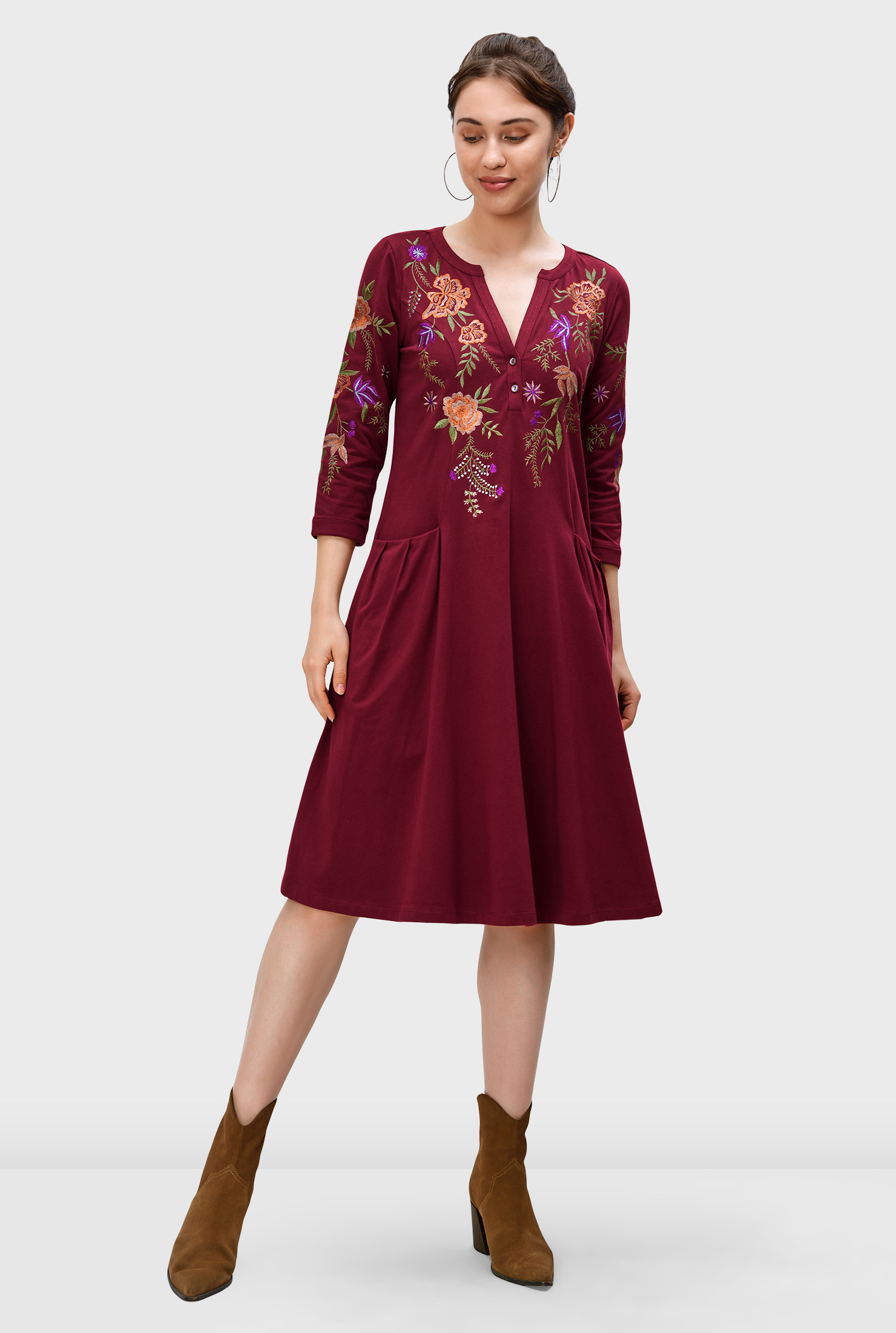 Shop Floral embroidery cotton jersey tunic shift dress | eShakti