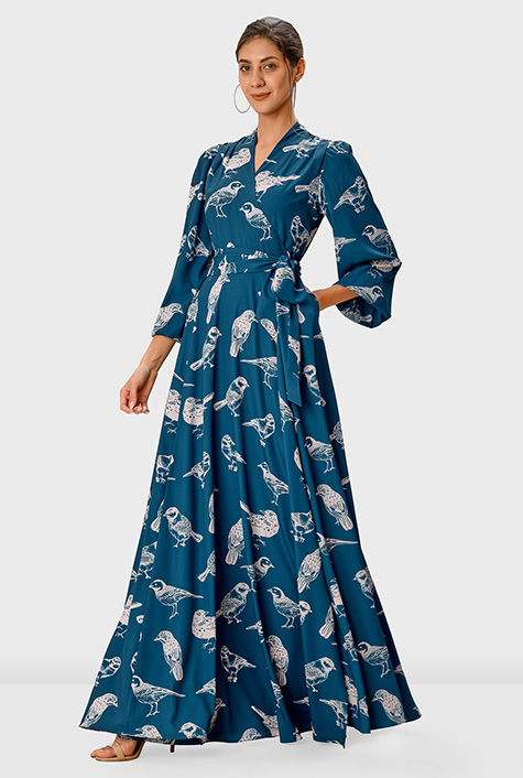 Shop Bird print crepe wrap dress | eShakti