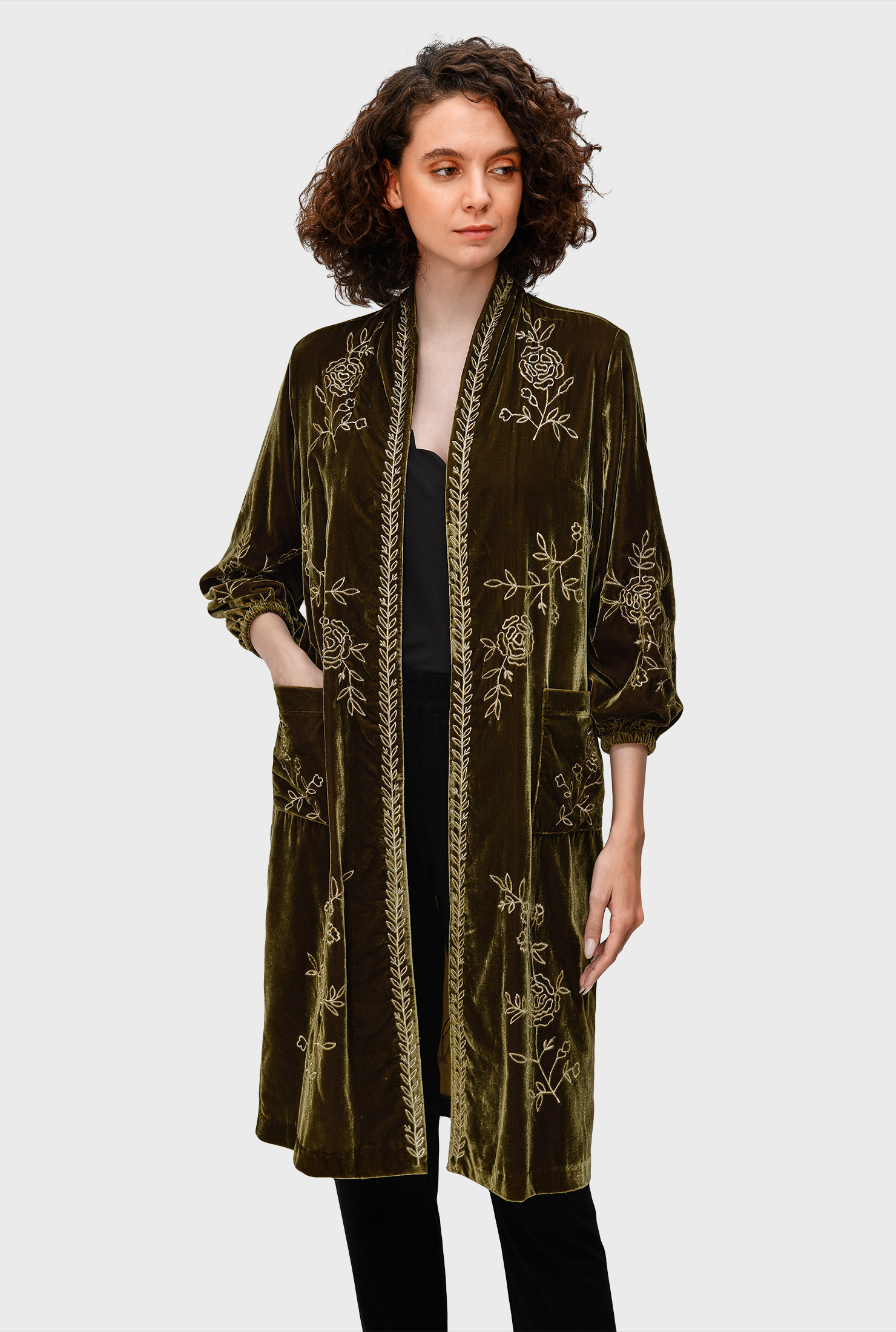 Shop Floral vine embroidery velvet duster | eShakti